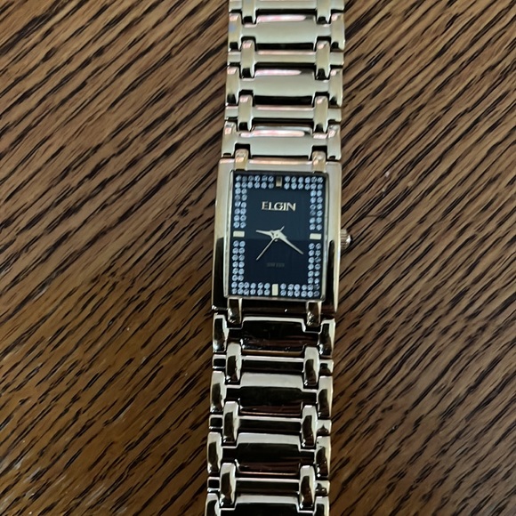 Elgin | Accessories | Elgin Watch Gold Band Black Face With Crystal ...